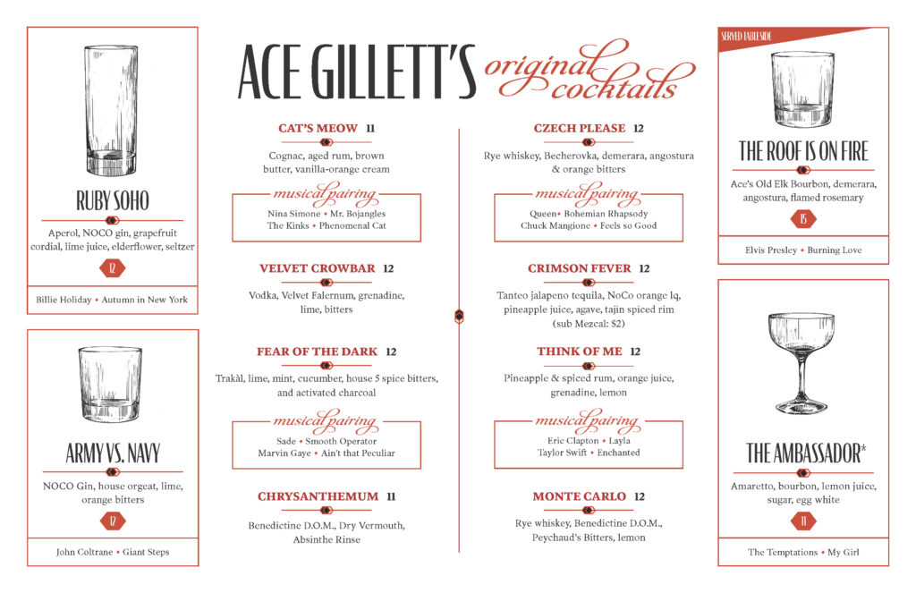 Ace Gillett's Menu - Drinks, Dinner & Dessert - Ace Gilletts