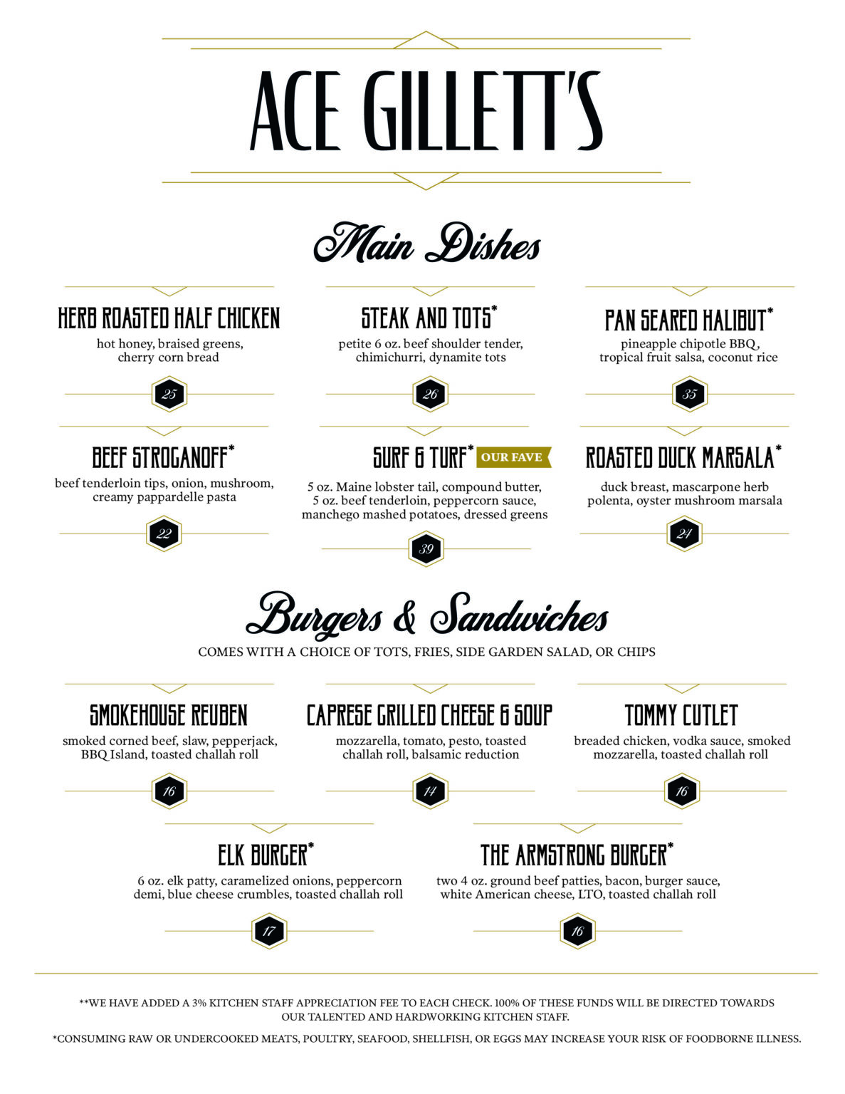 Ace Gillett's Menu - Drinks, Dinner & Dessert - Ace Gilletts